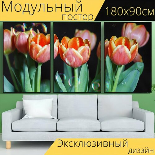 Модульный постер "Тюльпаны, цветы, пузыри" 180 x 90 см. для интерьера