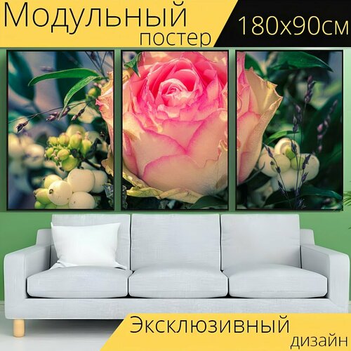 Модульный постер "Роза, лист, розенблатт" 180 x 90 см. для интерьера