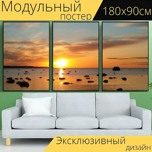 Модульный постер "Заход солнца, море, балтийское море" 180 x 90 см. для интерьера
