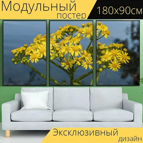 Модульный постер "Желтые цветы, желтый, цветы" 180 x 90 см. для интерьера
