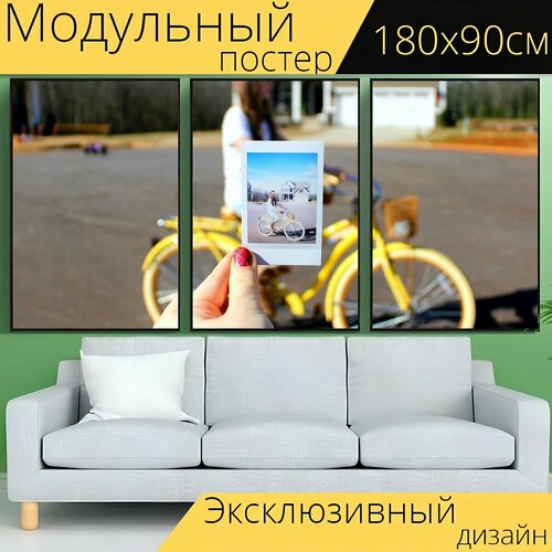 Модульный постер "Велосипед, поляроид, венок" 180 x 90 см. для интерьера