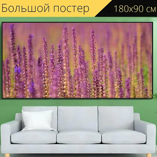 Большой постер "Лаванда, травы, фиолетовый" 180 x 90 см. для интерьера