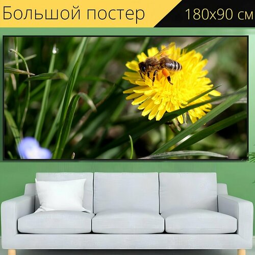 Большой постер "Одуванчик, пчела, желтый" 180 x 90 см. для интерьера