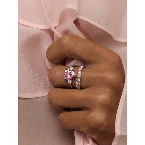 Кольцо на два пальца MIESTILO Кольцо серебро 925 серебряное сердце розовое ювелирное, серебро, 925 проба, родирование, фианит, размер 16, серебряный, розовый