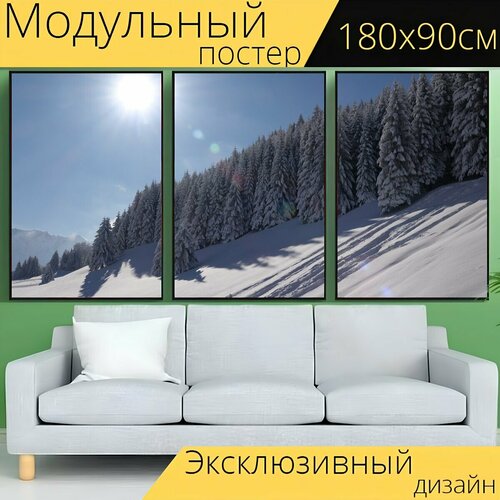 Модульный постер "Снежный пейзаж, зимы, пихта" 180 x 90 см. для интерьера