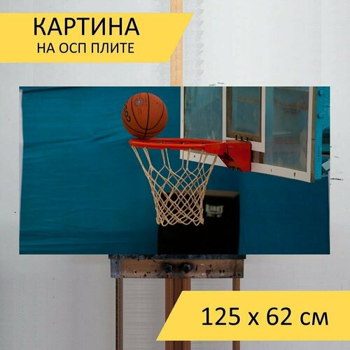 Картина на ОСП 125х62 см. "Баскетбол, сеть, мяч" горизонтальная, для интерьера, с креплениями
