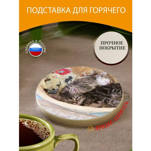 Подставка под горячее "Котенок, домашняя кошка, кошка" 10 см. из блого мрамора