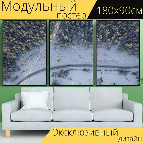Модульный постер "Снежно, деревья, дорога" 180 x 90 см. для интерьера