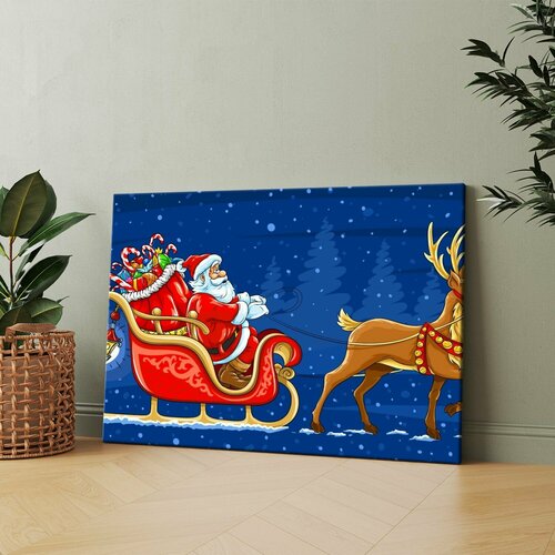 Картина на холсте (Санта-Клаус и олени в санях, векторная иллюстрация) 50x70 см. Интерьерная, на стену.