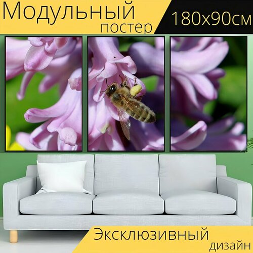 Модульный постер "Пчела, насекомое, закрывать" 180 x 90 см. для интерьера