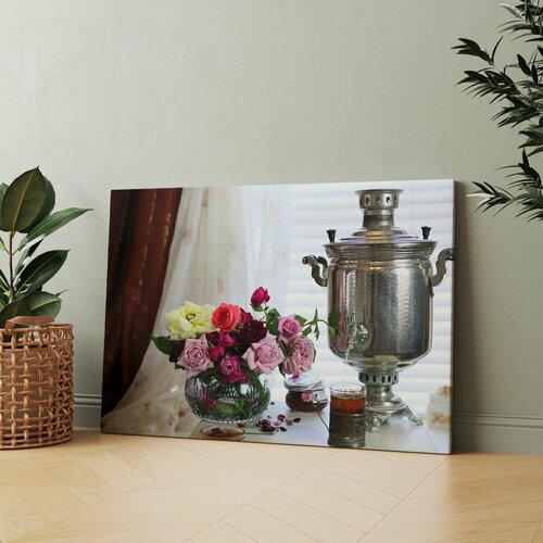 Картина на холсте (зимнее чаепитие с самоваром чайник старый) 30x40 см/для интерьера/в комнату/на стену/в подарок