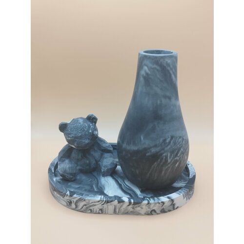 Комплект декоративный с вазой 12 см, мишкой и подставкой из гипса черно-белый GipswithLOVE