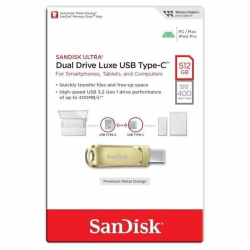 USB флешка Sandisk 512Gb Ultra Dual Drive Luxe gold USB 3.1 gen 1/ USB Type-C 150 Mb/s
