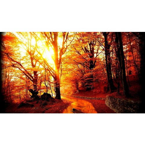 Картина на холсте 110x60 LinxOne "Деревья осень лодка пейзаж речка" интерьерная для дома / на стену / на кухню / с подрамником