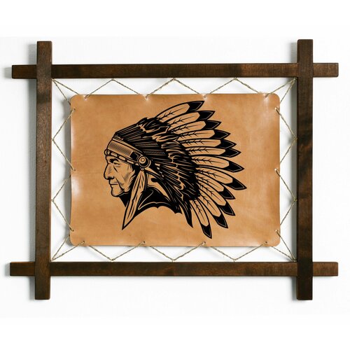 Картина Вождь индейцев, гравировка на натуральной коже, интерьерная для украшения и декора на стену в деревянной раме, подарок, BoomGift