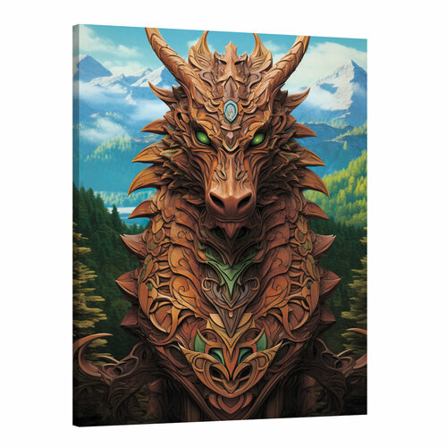 Интерьерная картина 50х70 "Деревянный дракон: страж границ мира"