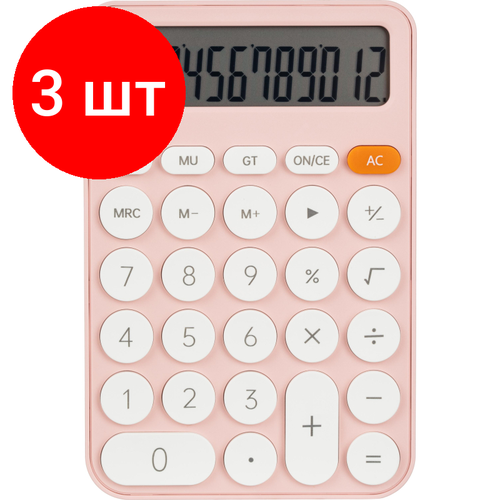 Комплект 3 штук, Калькулятор настольный комп. Deli EM124, 12-р, батар, 158х105мм, розовый