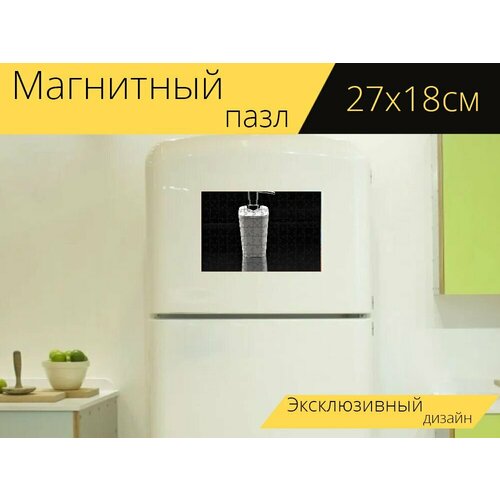 Магнитный пазл "Дозатор для жидкого мыла, мыть, мыло" на холодильник 27 x 18 см.