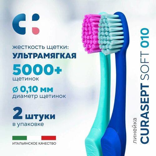 Зубная щетка ультрамягкая CURASEPT MAXI Soft 010 при гиперчувствительности зубов, кровоточивости десен, Курасепт, Италия, набор 2шт (салатовый, синий) + 2 колпачка