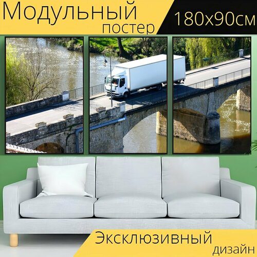 Модульный постер "Грузовая машина, речной мост, грузовик" 180 x 90 см. для интерьера
