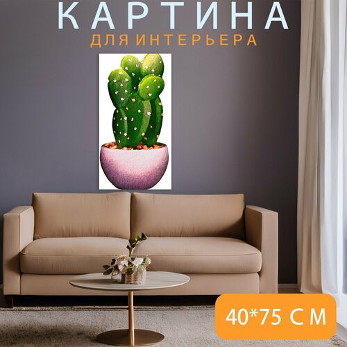 Картина на холсте "Акварель кактус, суккуленты, кактусы" на подрамнике 40х75 см. для интерьера