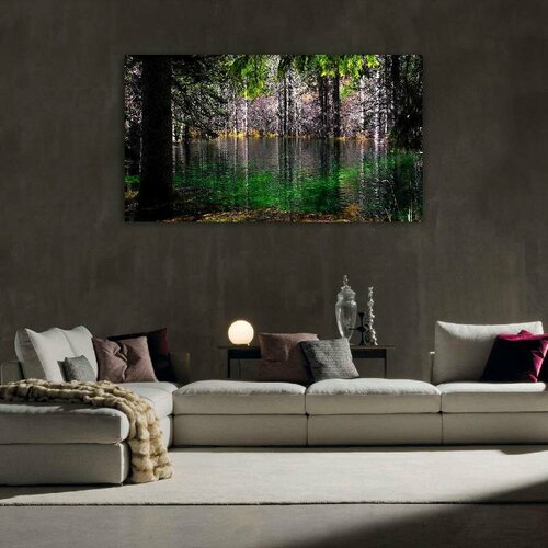 Картина на холсте 60x110 LinxOne "Пейзаж озеро вода природа лес" интерьерная для дома / на стену / на кухню / с подрамником
