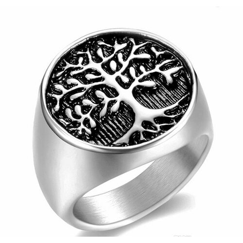 Славянский оберег, печатка Кольцо печатка с гравировкой Древо жизни, размер 20, серебряный, бесцветный