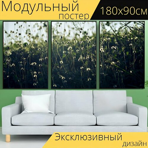 Модульный постер "Полевые цветы, трава, куст" 180 x 90 см. для интерьера