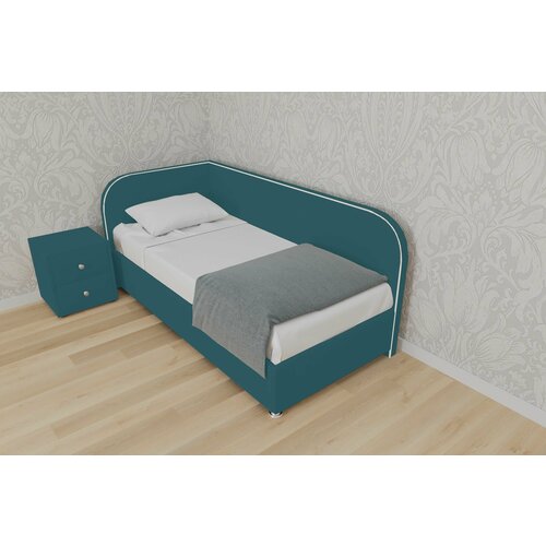 Двуспальная кровать Скаут 140x200 основание металлическое с ламелями велюр бирюзовый без ножек угол правый