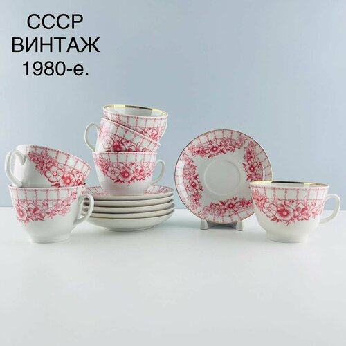 Винтажный набор чайных пар "Розовые цветы". Фарфор ЛФЗ. СССР, 1980-е.