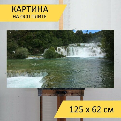 Картина на ОСП 125х62 см. "Водопад, хорватия, видимый" горизонтальная, для интерьера, с креплениями