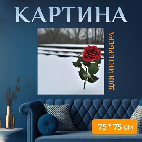 Картина на холсте "Красная роза в снегу, символ любви, железная дорога" на подрамнике 75х75 см. для интерьера