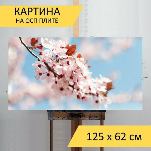Картина на ОСП 125х62 см. "Весна, цветы, дерево" горизонтальная, для интерьера, с креплениями