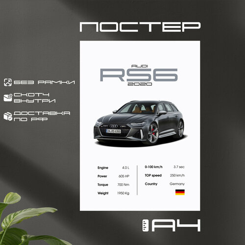 Постер "AUDI RS6" с характеристиками без рамки, формат А4