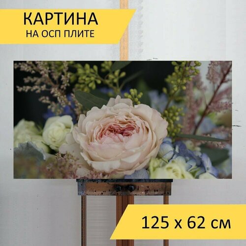 Картина на ОСП 125х62 см. "Цветок, роза, бирюзовый" горизонтальная, для интерьера, с креплениями