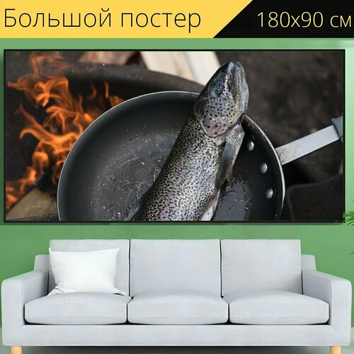 Большой постер "Приготовление еды, сковорода, пожар" 180 x 90 см. для интерьера