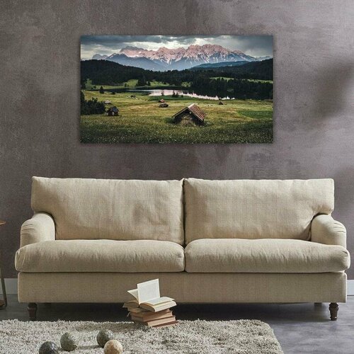 Картина на холсте 60x110 LinxOne "Горы озеро домики" интерьерная для дома / на стену / на кухню / с подрамником