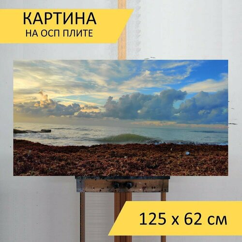Картина на ОСП 125х62 см. "Море, пляж, заход солнца" горизонтальная, для интерьера, с креплениями
