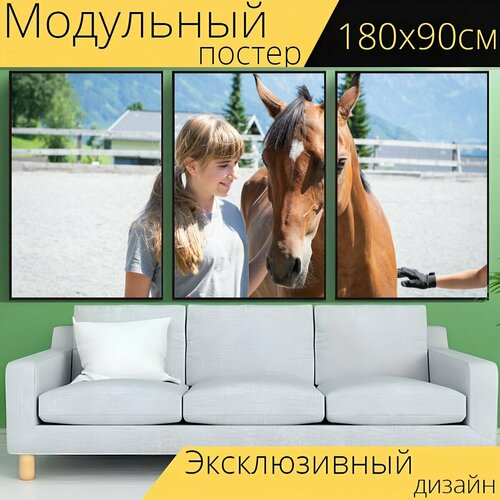Модульный постер "Лошадь, пони, езда на лошади" 180 x 90 см. для интерьера
