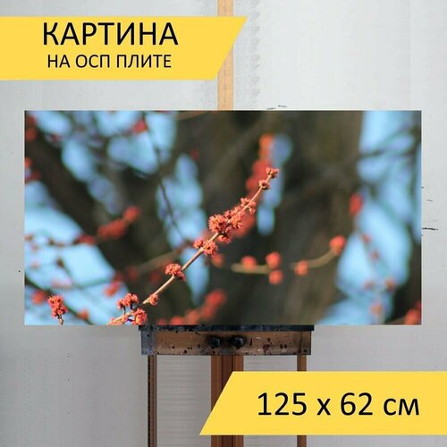 Картина на ОСП 125х62 см. "Весна, цвести, красный" горизонтальная, для интерьера, с креплениями