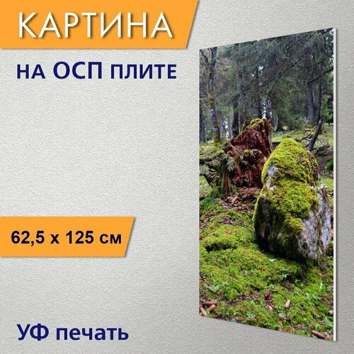 Вертикальная картина на ОСП "Камень, лес, падение" 62x125 см. для интерьериа