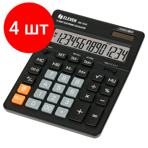 Комплект 4 шт, Калькулятор настольный Eleven SDC-554S, 14 разрядов, двойное питание, 155*205*36мм, черный