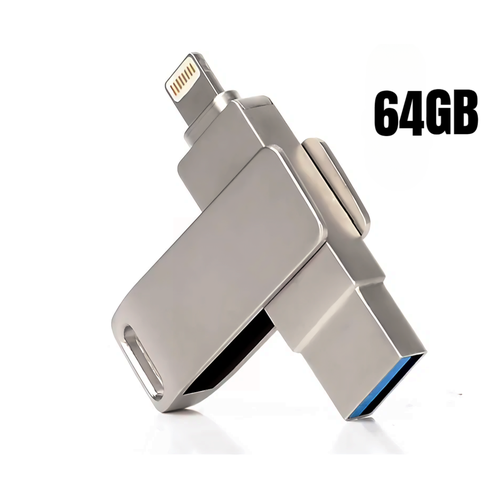 Флешка для айфона 64GB / 2в1, USB Lightning - USB 3.0 / для iPhone, iPad, iPod / металлическая