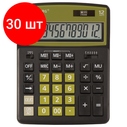 Комплект 30 шт, Калькулятор настольный BRAUBERG EXTRA-12-BKOL (206x155 мм), 12 разрядов, двойное питание, черно-оливковый, 250471