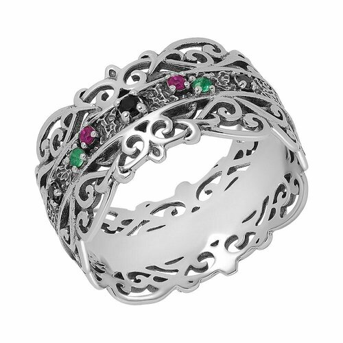 Перстень UVI Серебряное кольцо Пояс Богородицы с Бриллиантами , Рубинами , Изумрудами и Сапфирами, серебро, 925 проба, оксидирование, рубин, сапфир, изумруд, бриллиант, зеленый, красный