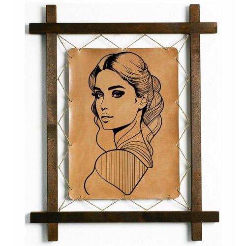 Картина Красивая девушка, гравировка на натуральной коже, интерьерная для украшения и декора на стену в деревянной раме, подарок, BoomGift