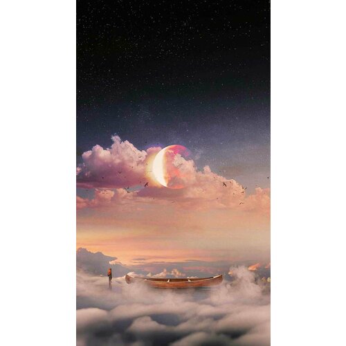 Картина на холсте 60x110 LinxOne "Сюрреализм, лодка, облака, человек, вертикальный" интерьерная для дома / на стену / на кухню / с подрамником