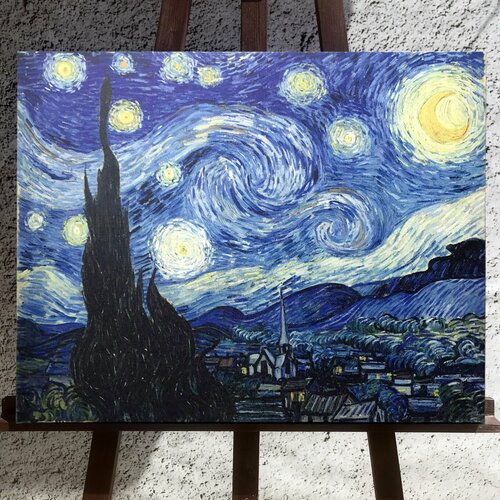 Картина на натуральном холсте репродукция Винсент Ван Гог "Звездная ночь" 70х55см / картина для интерьера дома
