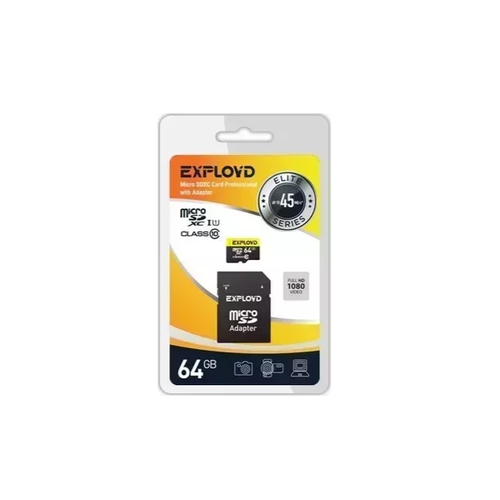 Карта памяти Exployd MicroSD, 64 Гб, SDHC, UHS-1, класс 10, 95 Мб/с, с адаптером SD