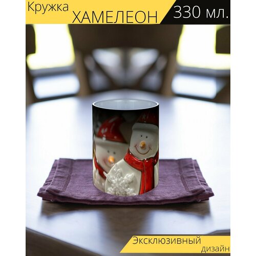 Кружка хамелеон с принтом "Снеговик, деко, шапка" 330 мл.